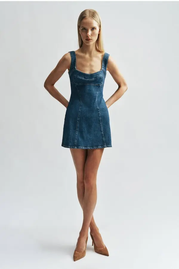 Bardot 030 Denim Mini Dress - Mid Blue