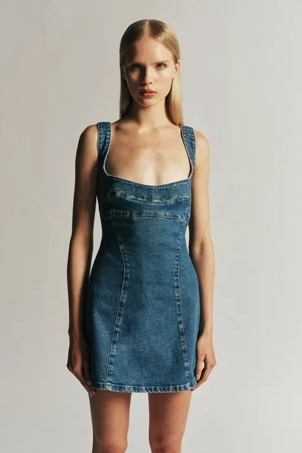 Bardot 030 Denim Mini Dress - Mid Blue