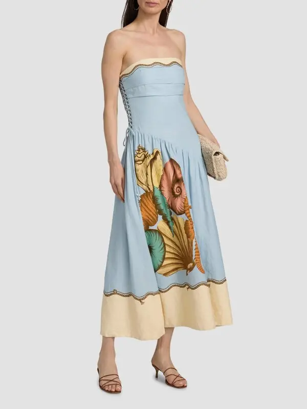 Farm Rio Rio Souvenir Shell-print Linen-blend Midi Dress