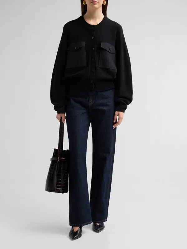 FRAME Contrast Rib-knit Cashmere Cardigan - Black