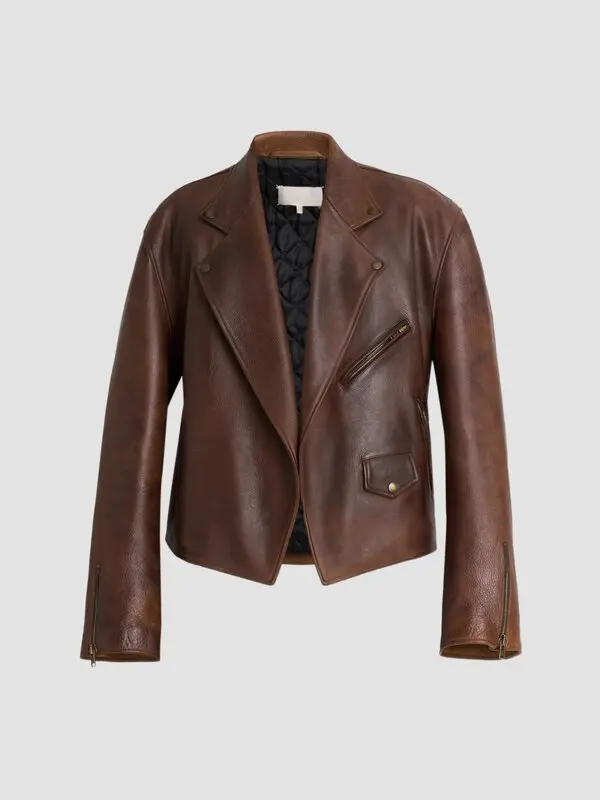 MAISON MARGIELA Notch Lapel Leather Biker Jacket - Cognac