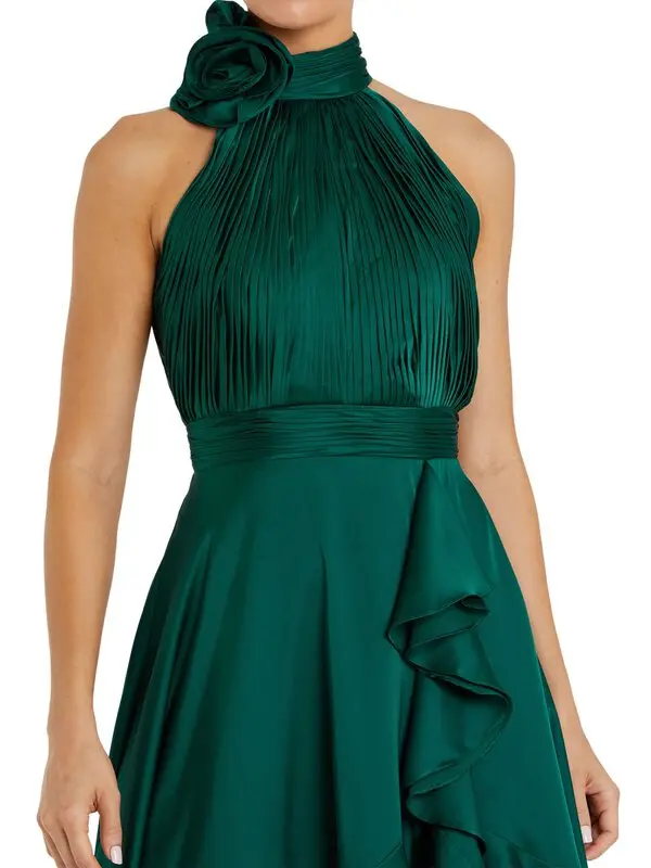 Mac Duggal Cocktail Satin Rosette-detailed Halterneck Dress