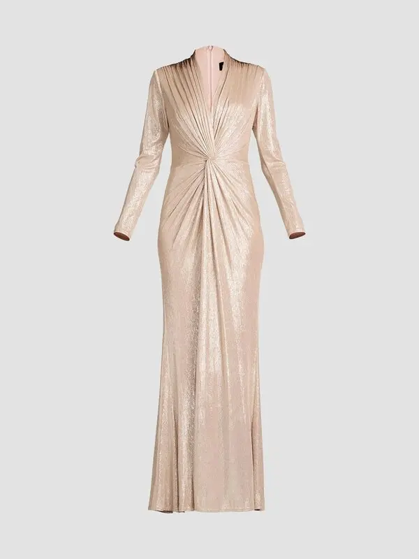 Tadashi Shoji Metallic Jersey Long-sleeve Gown - Pebble