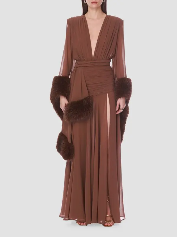 BRONX BANCO Silk & Faux-fur Self-belt Gown
