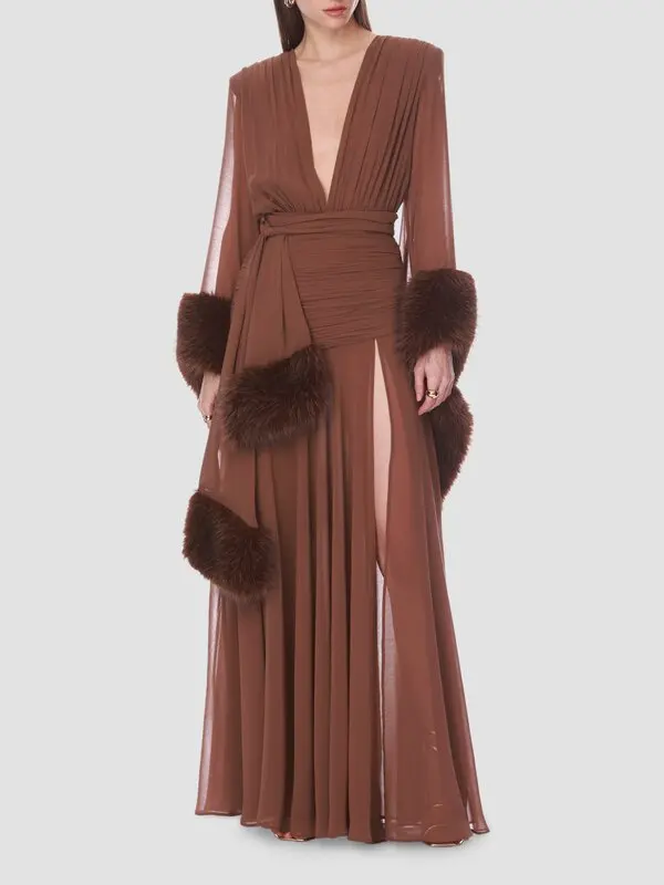 BRONX BANCO Silk & Faux-fur Self-belt Gown