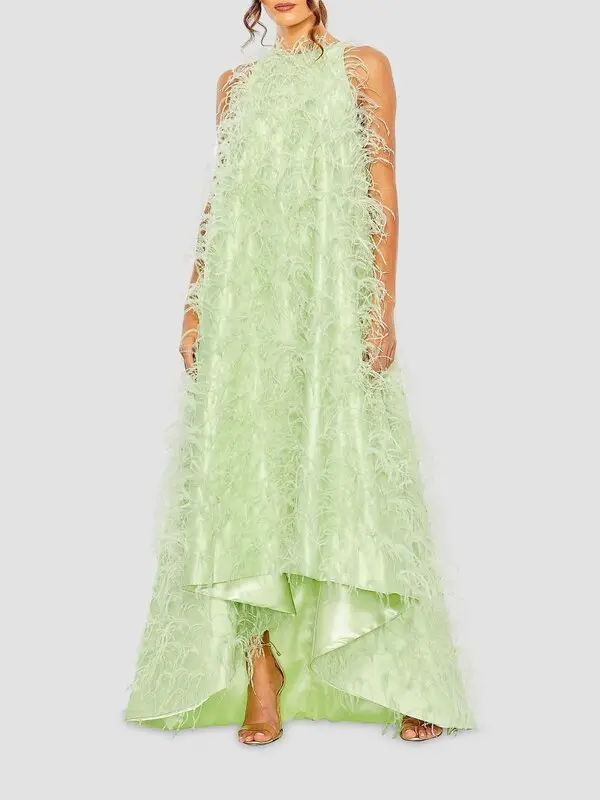 Mac Duggal Feather-embellished Satin High-low Evening Gown