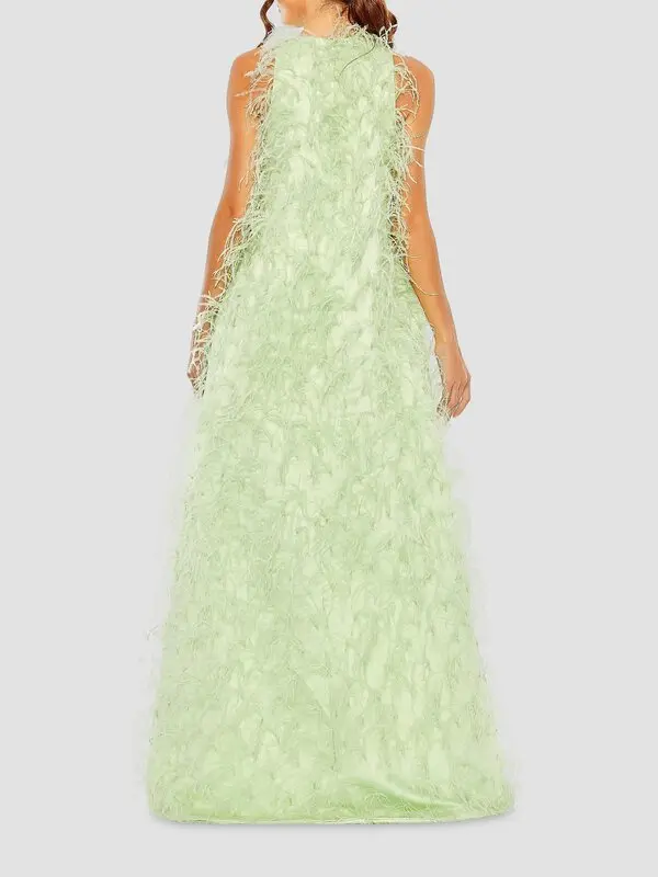 Mac Duggal Feather-embellished Satin High-low Evening Gown