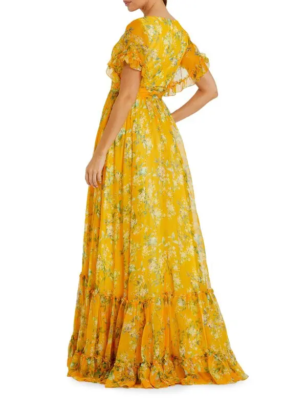 Mac Duggal Floral Flounce Sleeve Maxi Dress