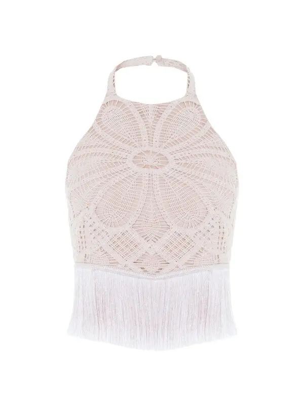 PatBO Flower Crochet Halter Top - Beige
