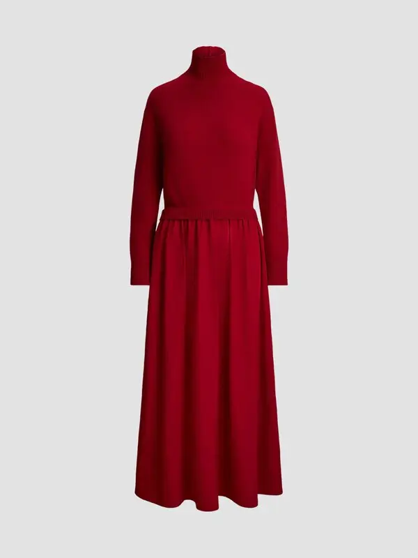 Polo Ralph Lauren Wool & Crepe Turtleneck Midi Dress - Red