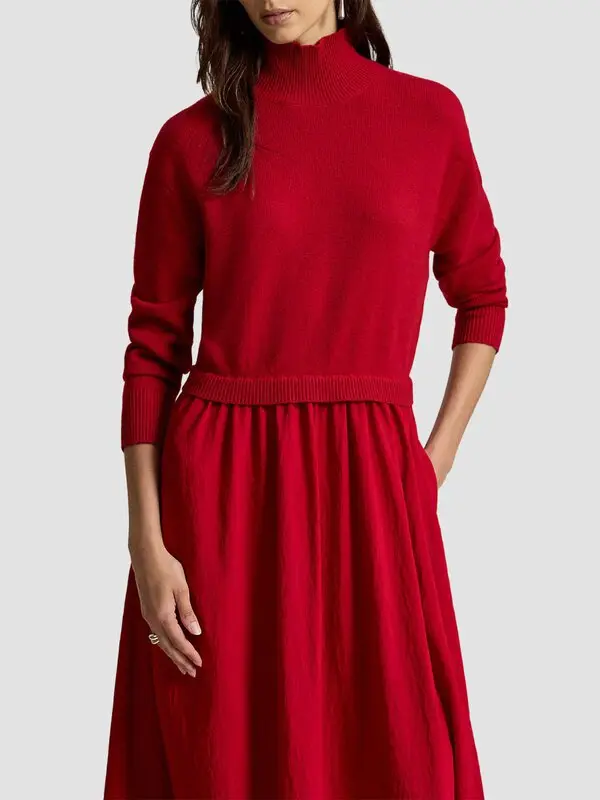 Polo Ralph Lauren Wool & Crepe Turtleneck Midi Dress - Red