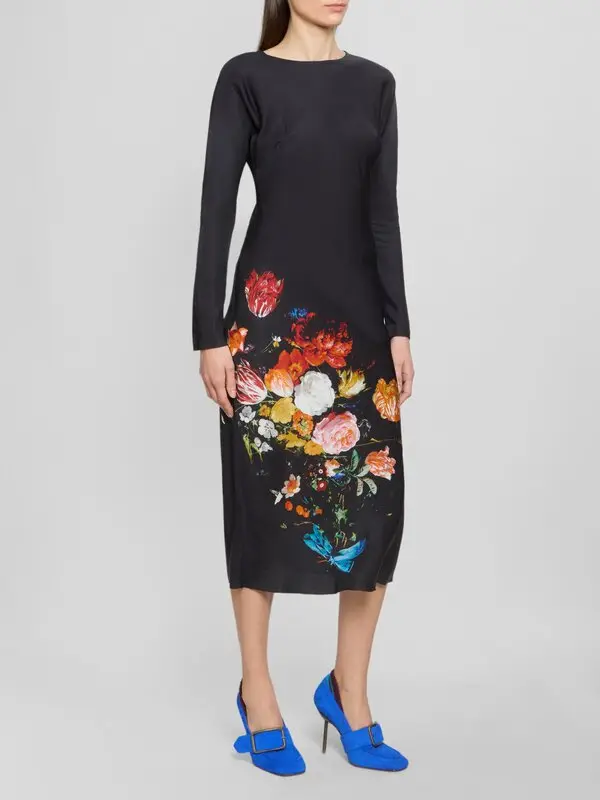 Dries Van Noten Floral Satin Sheath Midi Dress