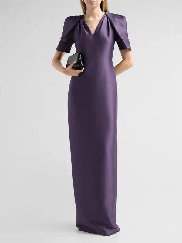 Badgley Mischka Cape-sleeve Mikado Column Gown - Plum