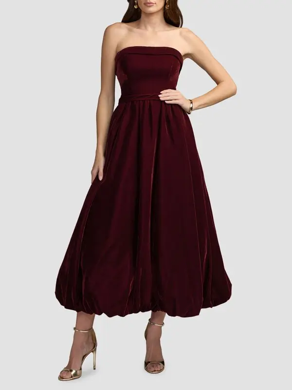 Mac Duggal Velvet Strapless Bubble Hem Midi Dress
