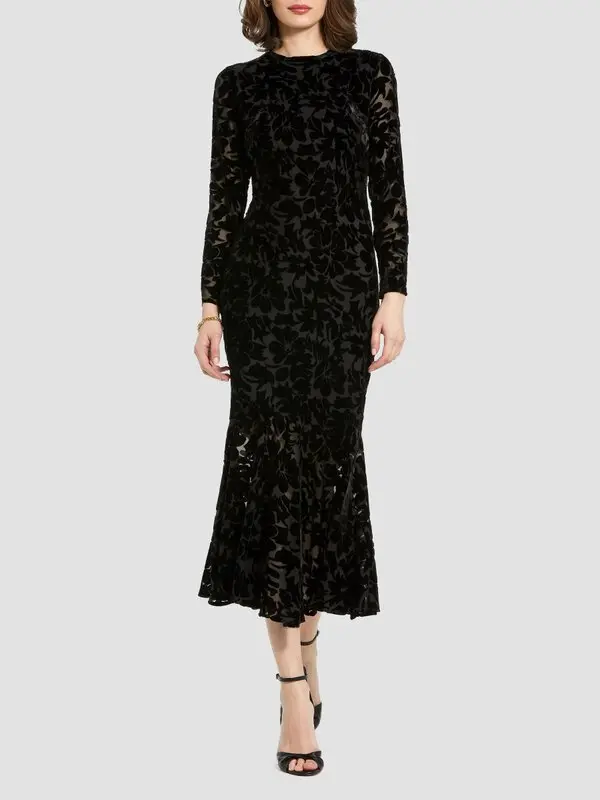 Mac Duggal Burnout Velvet Ruffle Hem Midi Dress