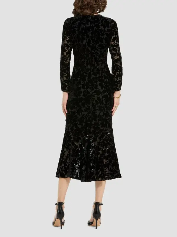Mac Duggal Burnout Velvet Ruffle Hem Midi Dress