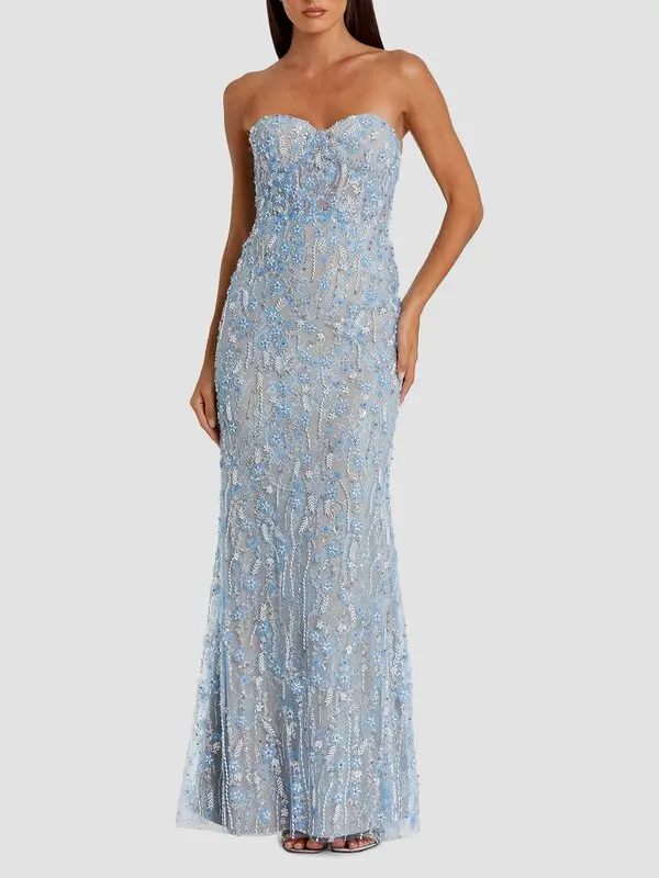 Mac Duggal Embellished Floral Lace Strapless Bustier Gown - Blue