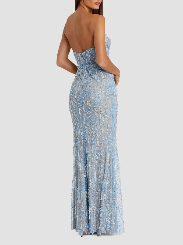 Mac Duggal Embellished Floral Lace Strapless Bustier Gown - Blue