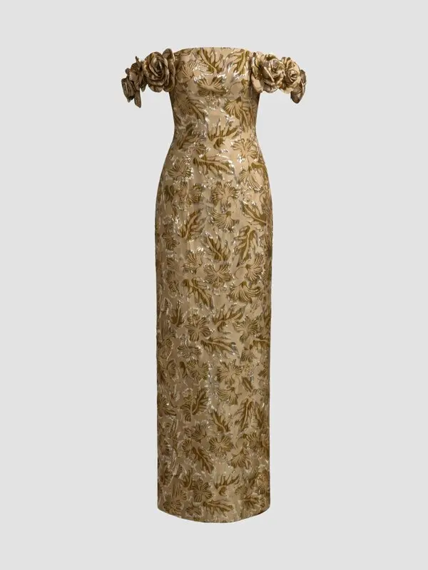 Mac Duggal Brocade 3d Flower Off-the-shoulder Gown