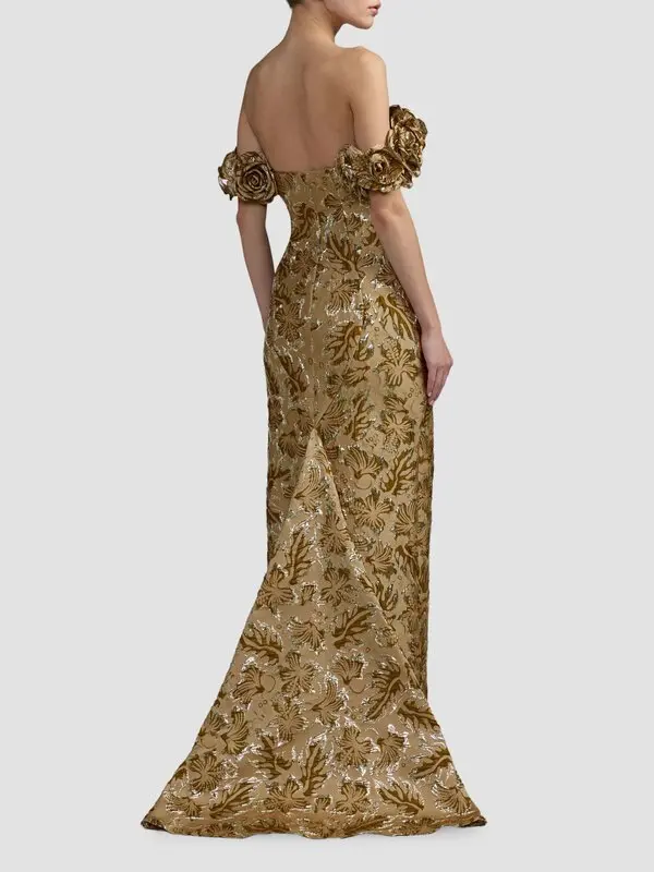 Mac Duggal Brocade 3d Flower Off-the-shoulder Gown