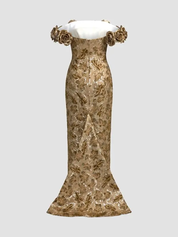 Mac Duggal Brocade 3d Flower Off-the-shoulder Gown