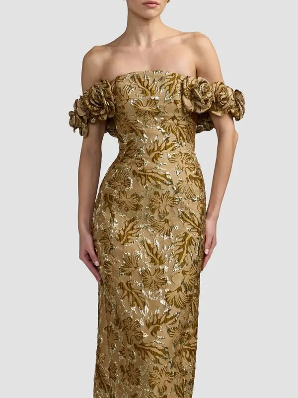Mac Duggal Brocade 3d Flower Off-the-shoulder Gown