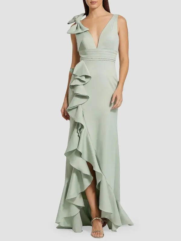 Mac Duggal Ieena Crepe V-neck Ruffle Gown
