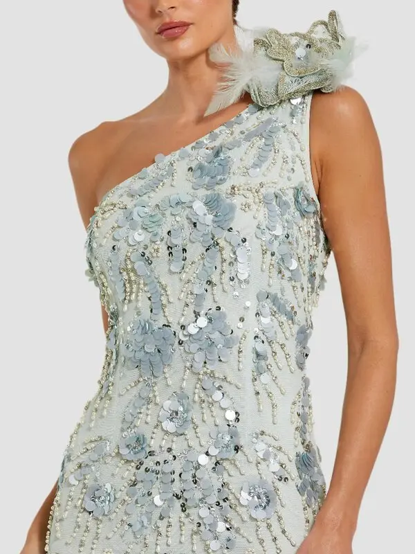 Mac Duggal Evening Embellished Mesh One-shoulder Trumpet Gown