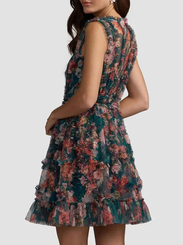 Mac Duggal Floral Micro Ruffle Minidress - Teal Multi