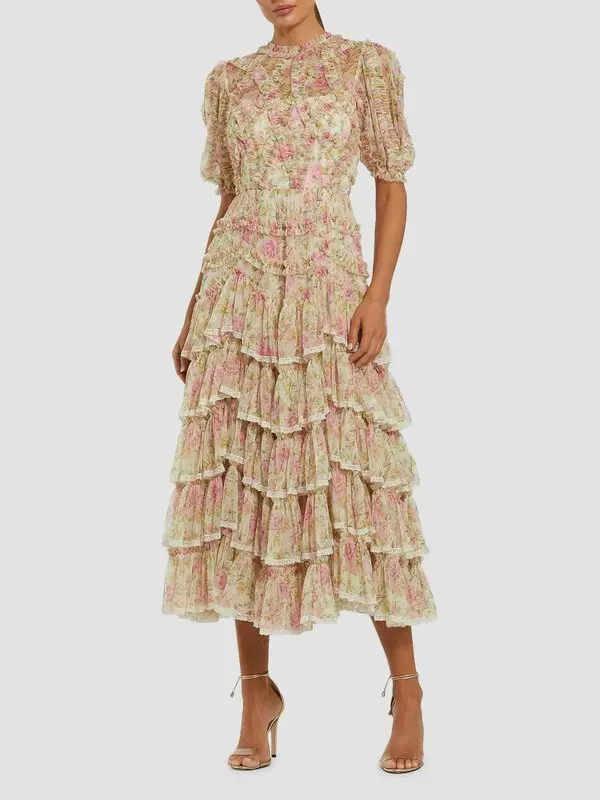 Mac Duggal Floral Ruffle High-neck Cocktail Dress