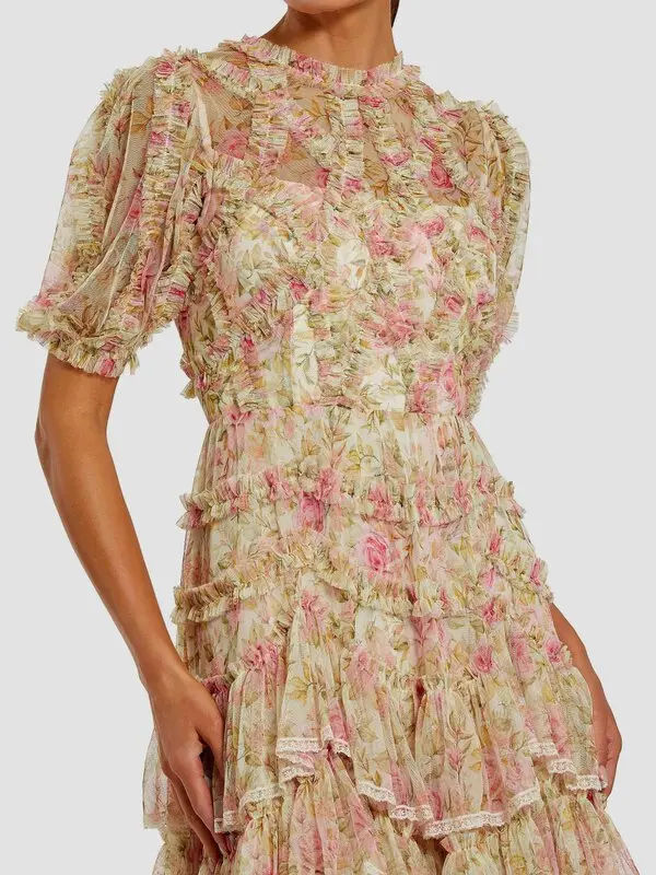 Mac Duggal Floral Ruffle High-neck Cocktail Dress