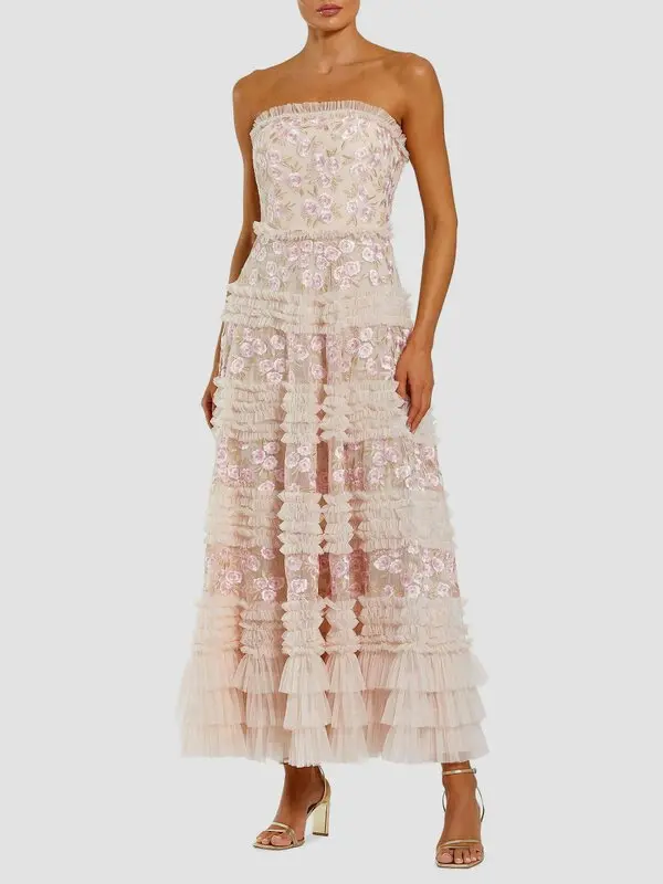 Mac Duggal Floral Embroidered Mesh Strapless Midi-dress