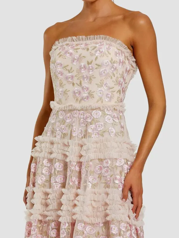 Mac Duggal Floral Embroidered Mesh Strapless Midi-dress