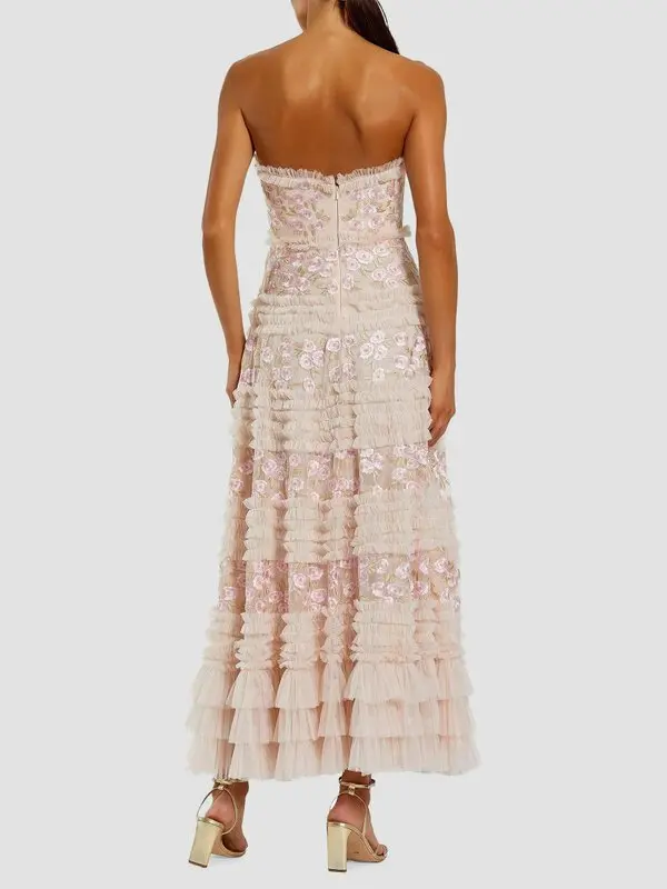 Mac Duggal Floral Embroidered Mesh Strapless Midi-dress