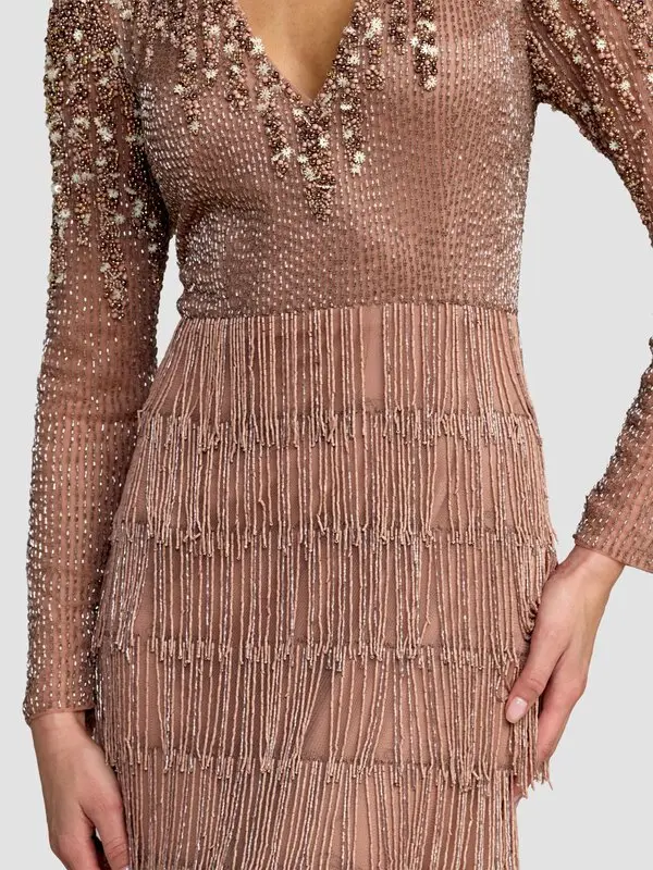Mac Duggal Beaded Fringe V-neck Column Gown