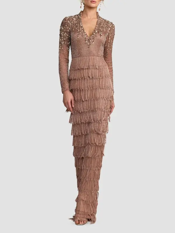Mac Duggal Beaded Fringe V-neck Column Gown