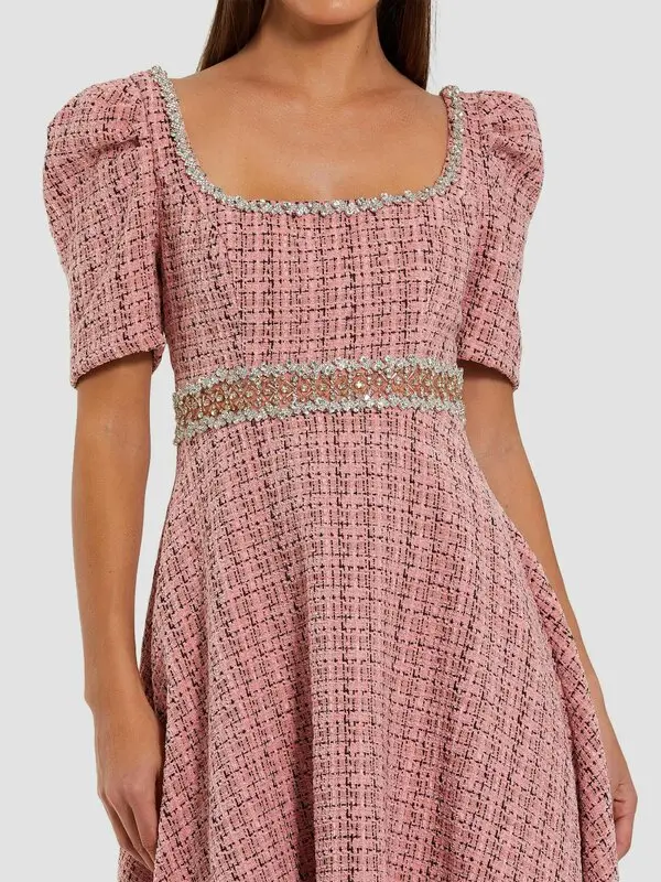 Mac Duggal Beaded Puff-sleeve Boucle Midi-dress