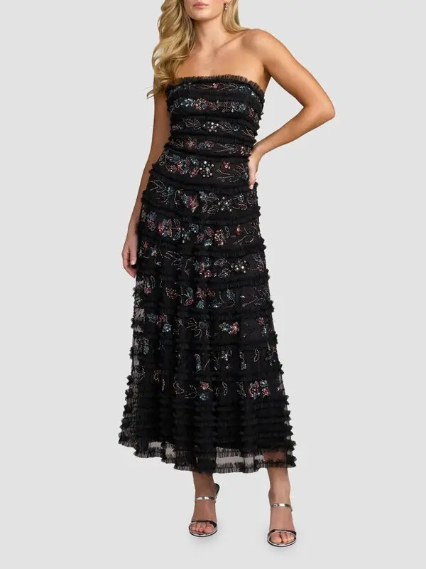 Mac Duggal Floral Ruffled Mesh Strapless Midi Dress