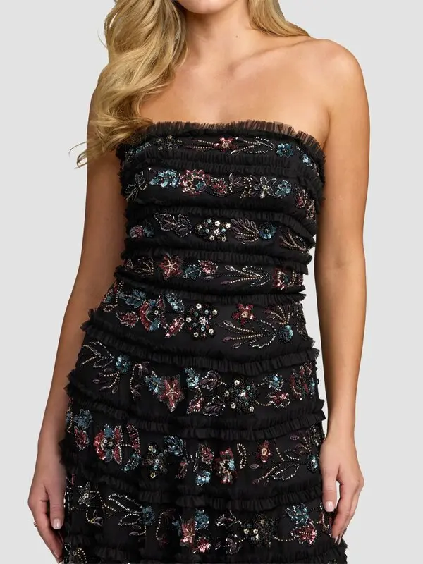 Mac Duggal Floral Ruffled Mesh Strapless Midi Dress