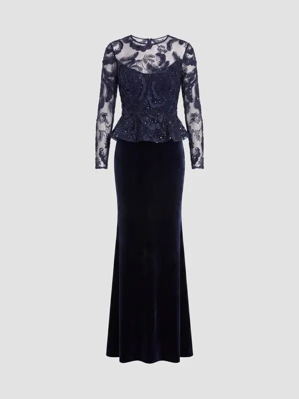 Mac Duggal Embroidered Peplum Velvet Gown