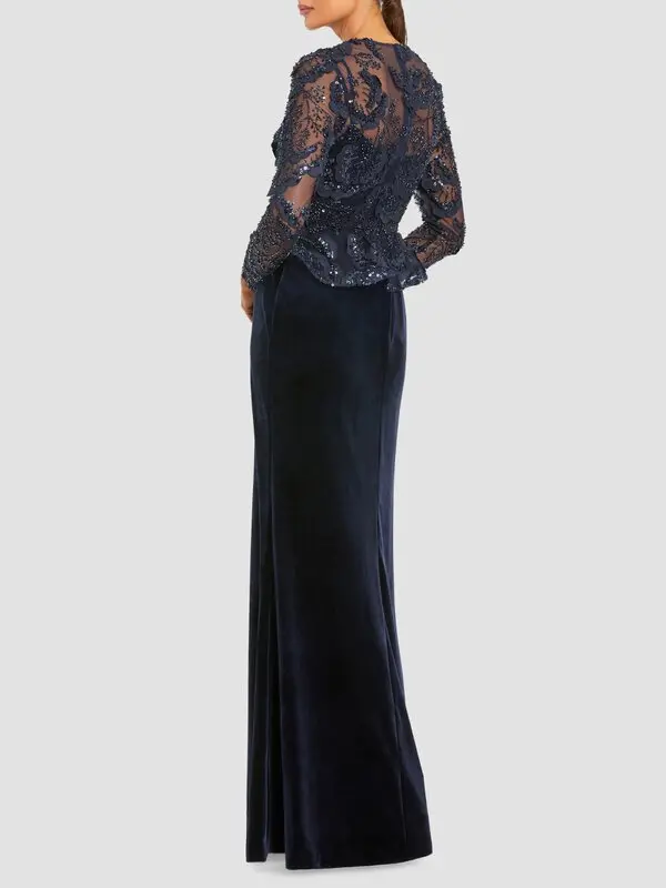 Mac Duggal Embroidered Peplum Velvet Gown