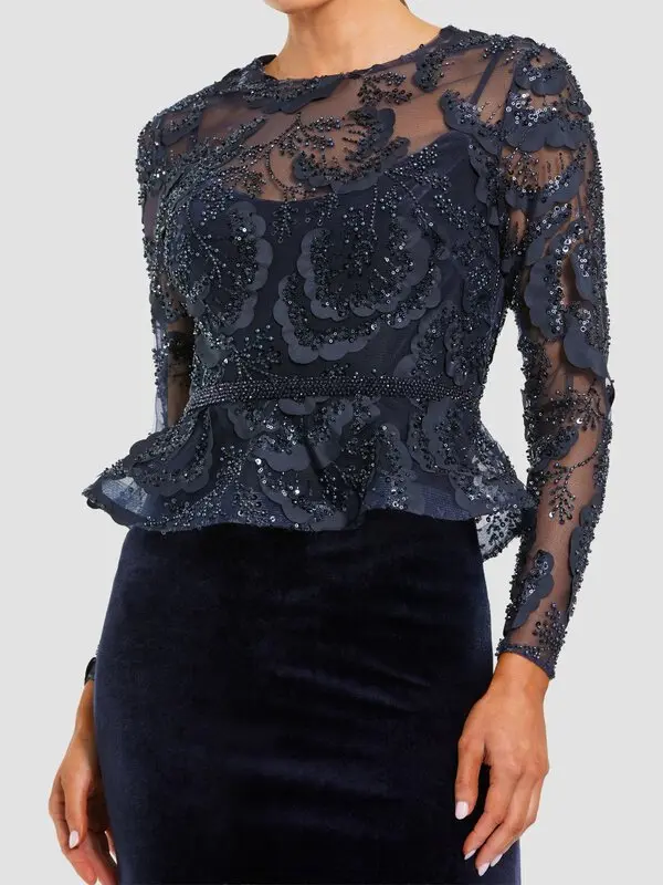 Mac Duggal Embroidered Peplum Velvet Gown