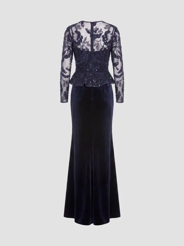Mac Duggal Embroidered Peplum Velvet Gown