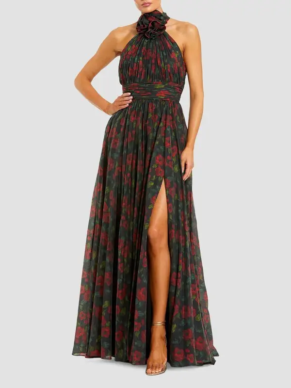Mac Duggal Floral Chiffon High Neck Gown