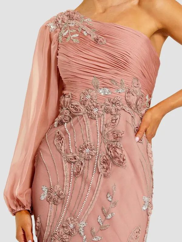 Mac Duggal One-shoulder Embroidered Chiffon Trumpet Gown