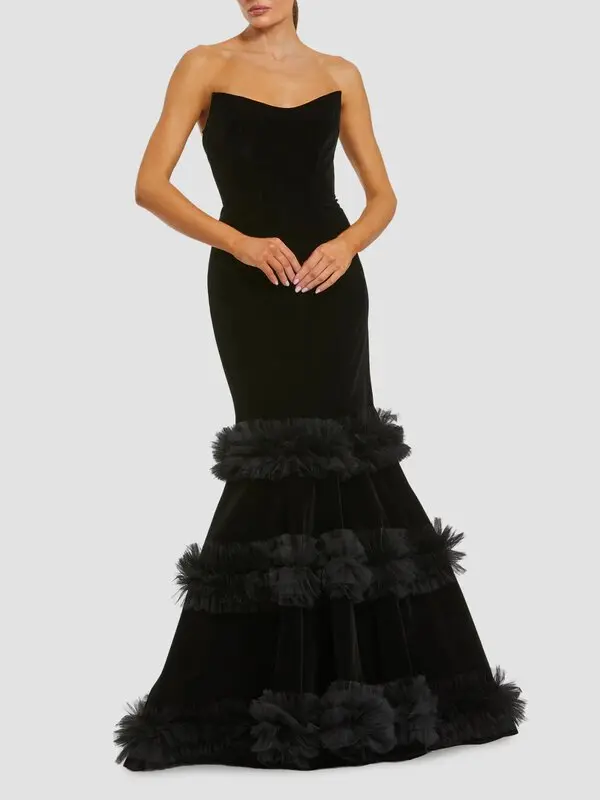 Mac Duggal Velvet Ruffle Tiered Strapless Gown