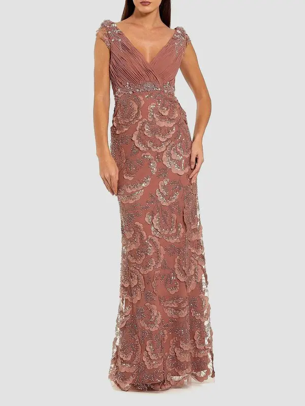 Mac Duggal Floral-beaded Chiffon V-neck Gown
