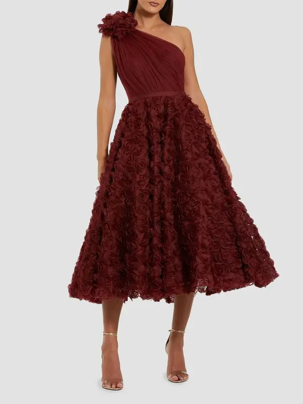 Mac Duggal One-shoulder 3d Flower Tea-length Dress