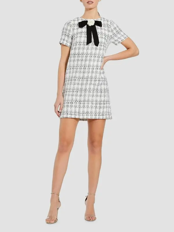 Mac Duggal Short Sleeve High Neck Bouclé Minidress With Bow