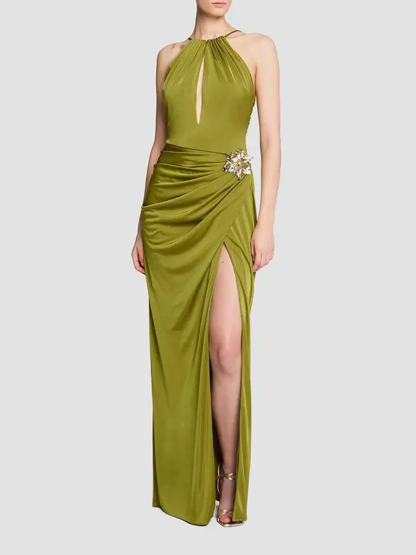 Halston Elin Embellished Jersey Halterneck Gown